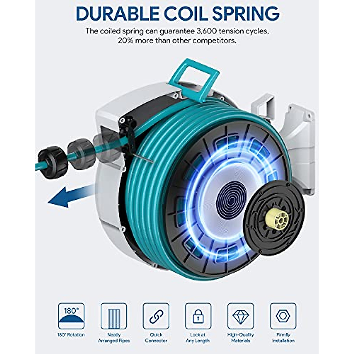 ENEACRO Retractable Garden Hose Reel with Wall Mount 1/2"×100ft with 9 Pattern Hose Nozzle, Brass Connector, Auto Rewind/Any Length Lock/ 180° Swivel Bracket, Ideal for Garden Watering