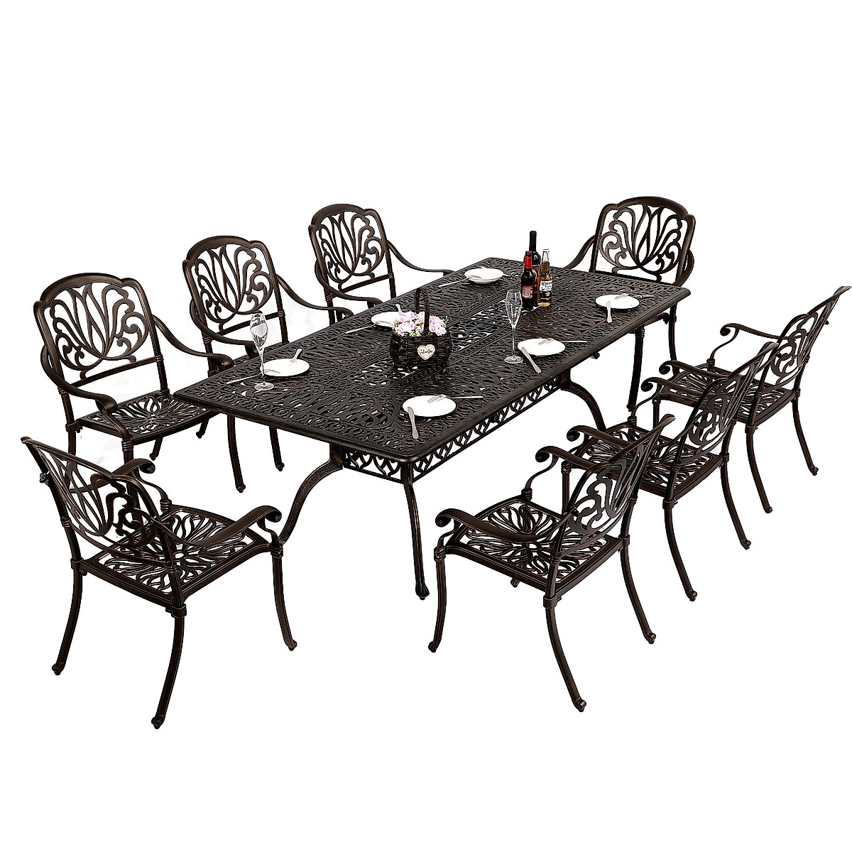 TITIMO 9-Piece Cast Aluminum Patio Furniture Set, Outdoor Dining Set Bistro Conversation Set, All-Weather Rectangular Dining Set with Umbrella Hole(8 Flower Pattern Chairs Without Cushions)
