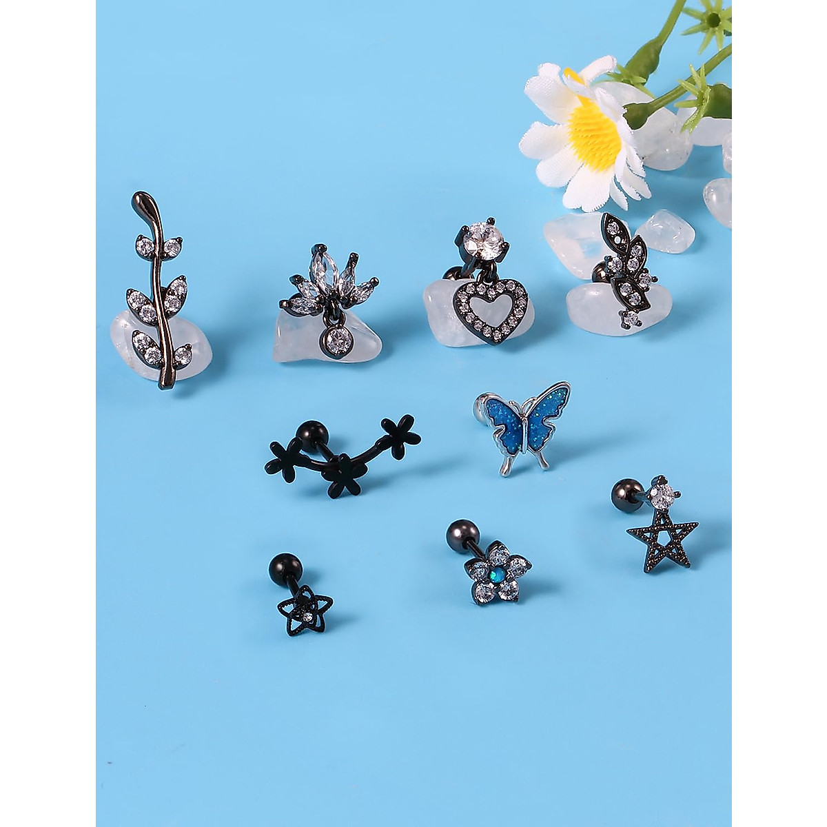 Kadogohno Black Cartilage Mid Helix Tragus Conch Earrings Piercing Jewelry 16g 16 Gauge Hypoallergenic Surgical Stainless Steel for Women