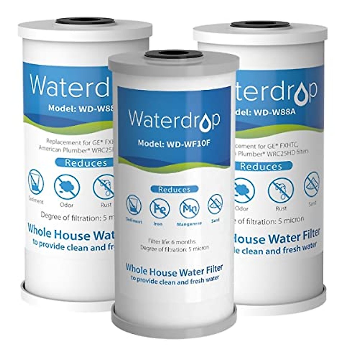 Waterdrop Whole House Water Filter, Carbon Filter, Reduce Iron & Manganese Filter Cartridge, Replacement for GE GXWH40L, FXHTC, Ispring, Culligan RFC-BBSA, Whirlpool, Any 10" x 4.5" System, 5 Micron