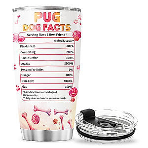 JENOIS Pug Dog Facts, Dog Mom Gifts, Women Mother Mama Handle Tumblers Best Mothers Insulated For Cups Coffee Funny Day, Tumbler 20 Oz With Lid And Straw