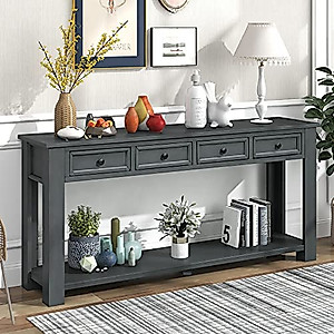P PURLOVE Console Table for Entryway Hallway Sofa Table with Storage Drawers and Bottom Shelf (Navy)