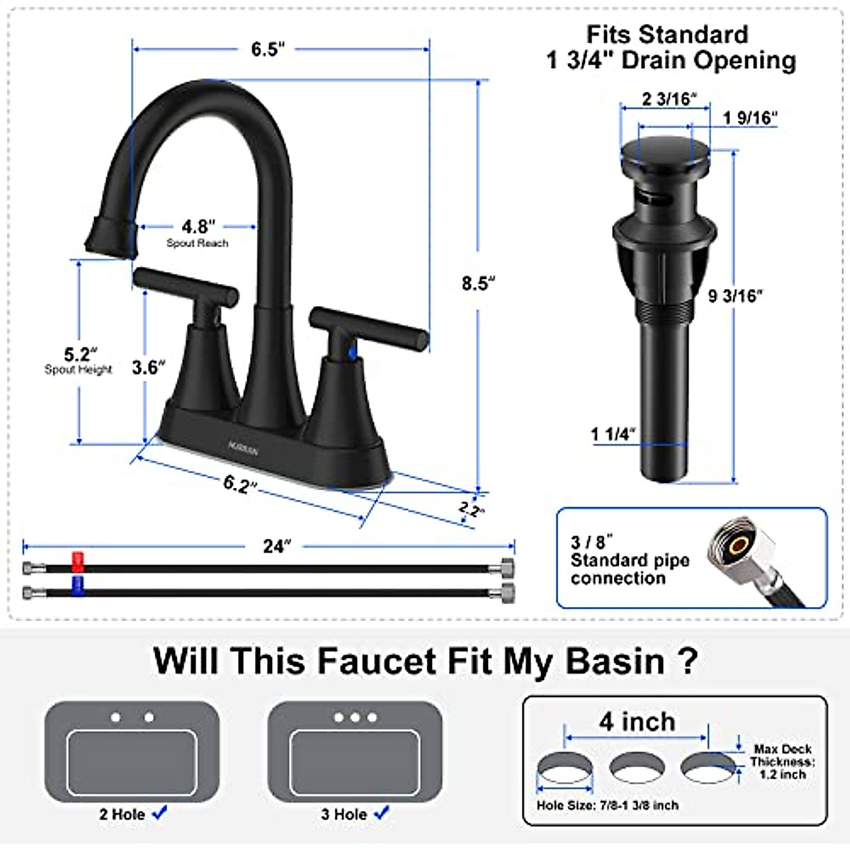 Bathroom Faucets for Sink 3 Hole, Hurran 4 inch Matte Black Bathroom Sink Faucet with Pop-up Drain and 2 Supply Hoses, Stainless Steel Lead-Free 2-Handle Centerset Faucet for Bathroom Sink Vanity RV
