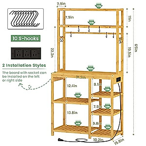 FORABAMB Bakers Rack with Power Outlets, 8-Tier Microwave Stand, Kitchen Utility Storage Shelf 10 S-Shaped Hooks, Coffee Bar Table Station, Standing Rack, 31.5 x 15.7 x 65 Inches, Bamboo