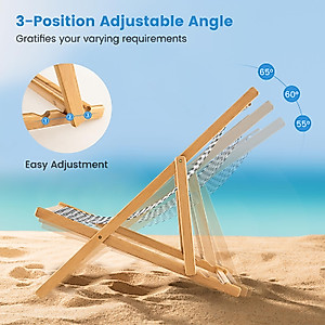 Tangkula Set of 2 Sling Chair Outdoor, Patio Deck Chair with Solid Bamboo Frame & Breathable Canvas Seat, 3 Adjustable Positions, Portable Folding Beach Chair for Porch, Poolside, Balcony, Garden