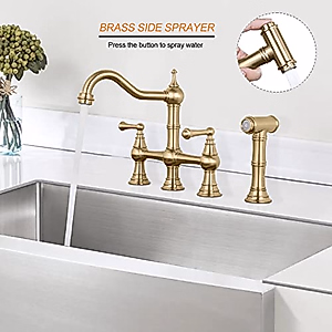 WOWOW Brass Kitchen Faucet Bridge with Side Sprayer, 4 Hole Kitchen Faucet 2 Handle 8 Inch Centerset Gold Faucet for Kitchen Sinks, Heritage Brushed Gold Kitchen Sink Faucet
