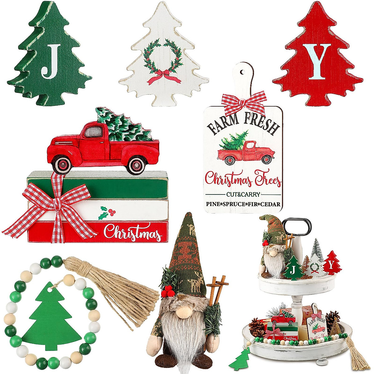 Christmas Tiered Tray Decor Christmas Book Stack Wooden Truck Tree Decor Farm Fresh Christmas Trees Wooden Block Sign Farmhouse Xmas Tree Gnomes Plush Beads Garland Decor Set for Home Table (Joy)