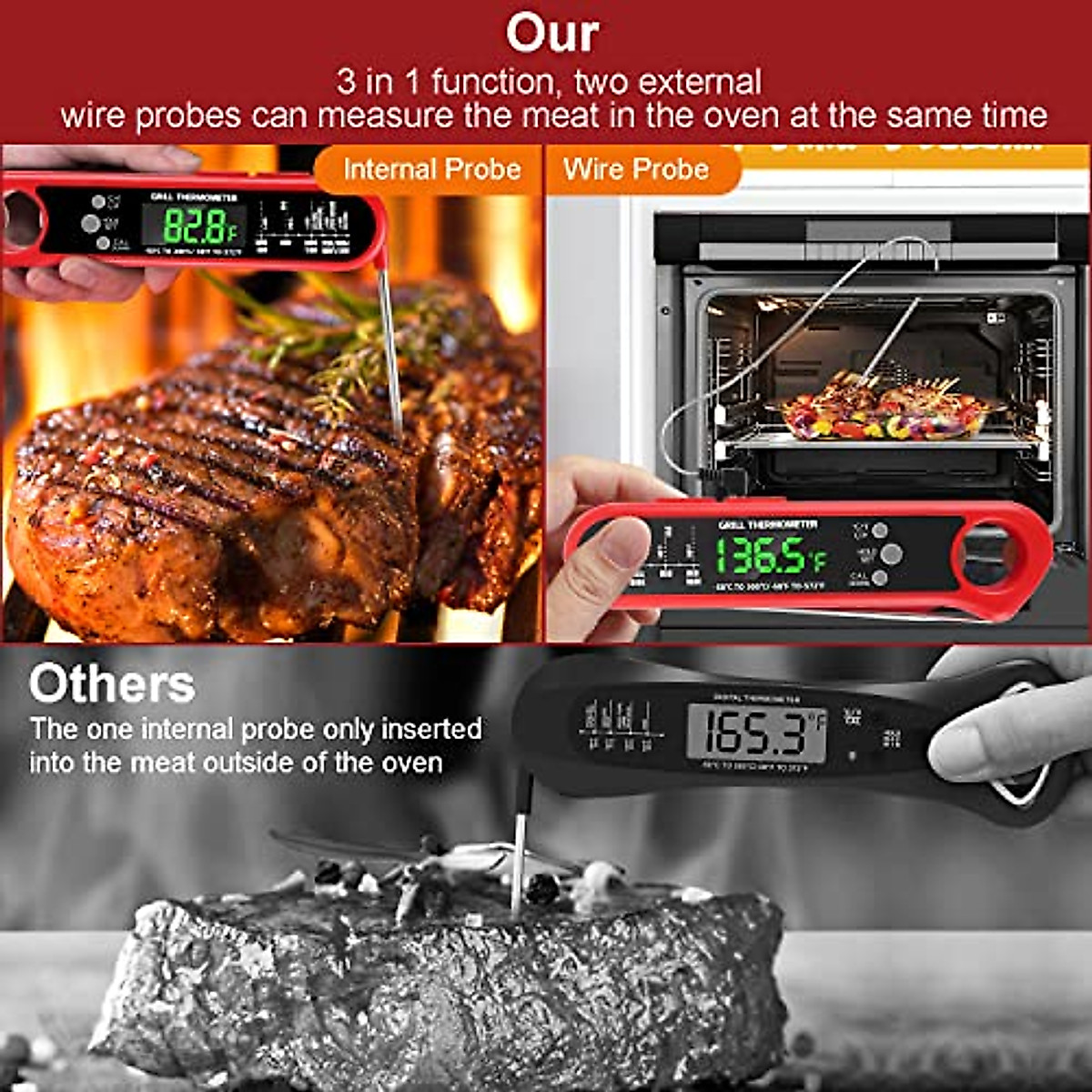 3 in 1 Digital Meat Thermometer, Instant Read Food Thermometer with 2 Detachable Wired Probe, Calibration, Alarm Function, LCD Backlight for Grilling, Cooking, BBQ, Kitchen
