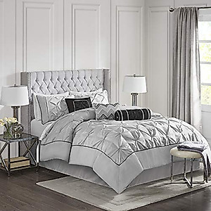 Madison Park Laurel Cozy Comforter Set - Traditional Tufted Faux Silk Design, All Season Down Alternative Bedding with Matching Shams, Decorative Pillow, Grey Queen(90"x90") 7 Piece