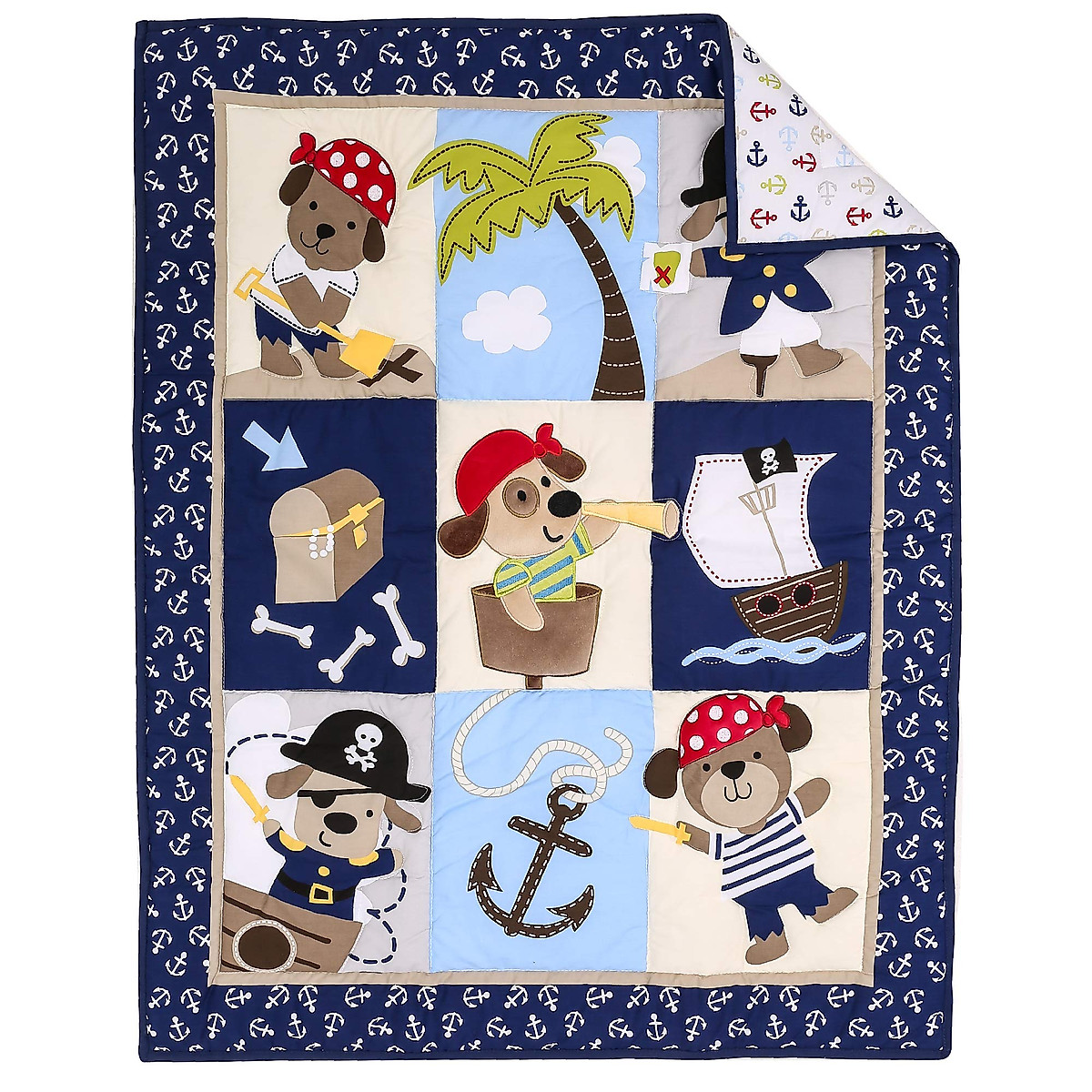 Brandream Baby Crib Bedding Sets for Boys | 4-Piece Blue Nursery Set Nautical Anchor Palm Dog Pirate Theme