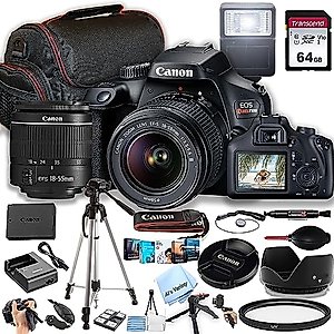 Canon Rebel T100 / EOS 4000D DSLR Camera w/EF-S 18-55mm F/3.5-5.6 Zoom Lens + 64GB Memory, Case, Tripod, Flash, and More (31pc Bundle) (Renewed)