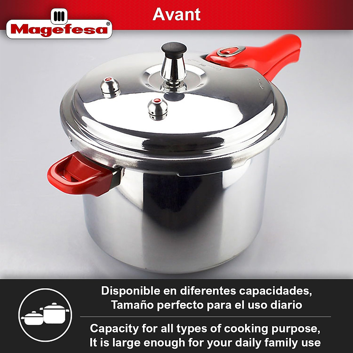 MAGEFESA ® Avant Red Pressure Cooker, 6.2 Quart, made of very resistant aluminum, compatible with gas, electric, ceramic stoves, pressure canner, canning cooker pot, stove top instant fast cooking