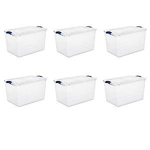 utipef 66 Qt. Latch Box Plastic,Plastic Storage Container Bin with Secure Lid and Latching Buckles, Durable Stackable Nestable Organizing Tote Tub Box Sports General,Stadium Blue, 6PCS