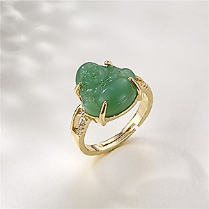 COLORFUL BLING 18k Gold Plated Laughing Buddha Ring Green Jade Cubic Zirconia Gemstone Open Cuff Adjustable Lucky Amulet Jewelry for Women Men-Green Ring