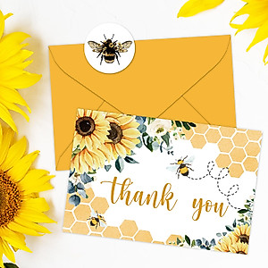 Whaline 24Pcs Sunflower Bee Thank You Cards Bulk Watercolor Summer Flower Greeting Cards with Envelope Stickers Blank Note Cards for Wedding Baby Shower Bridal Birthday Party, 4 x 6 Inch