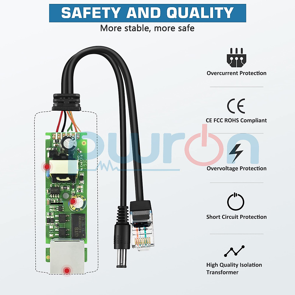 PwrON Active POE Splitter Adapter, 48V to 12V, IEEE 802.3af Compliant, 10/100Mbps up to 100 Meters for Surveillance Camera, Wireless Access Point and VoIP Phone