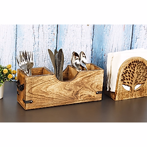 ARTISENIA Father's Day Gifts Antique Wooden Kitchen Utensil Holder With 3 Compartments Wood Utensil Organizer for Cutlery, Napkins, Cups Caddy Organizer | 11 X 3.5 X 4.5 Inch