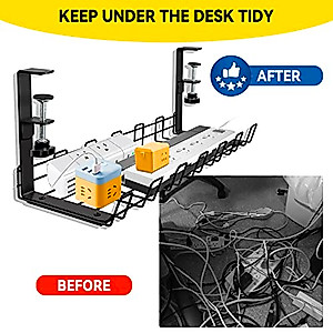 Under Desk Cable Management Tray - No Drilling, 16 x 6.3 x 7.6 inch High-Capacity Wire Management Under Desk,Cord Management Under Desk with Desk Clamp,No Damage to Desk,Fits Most Desks
