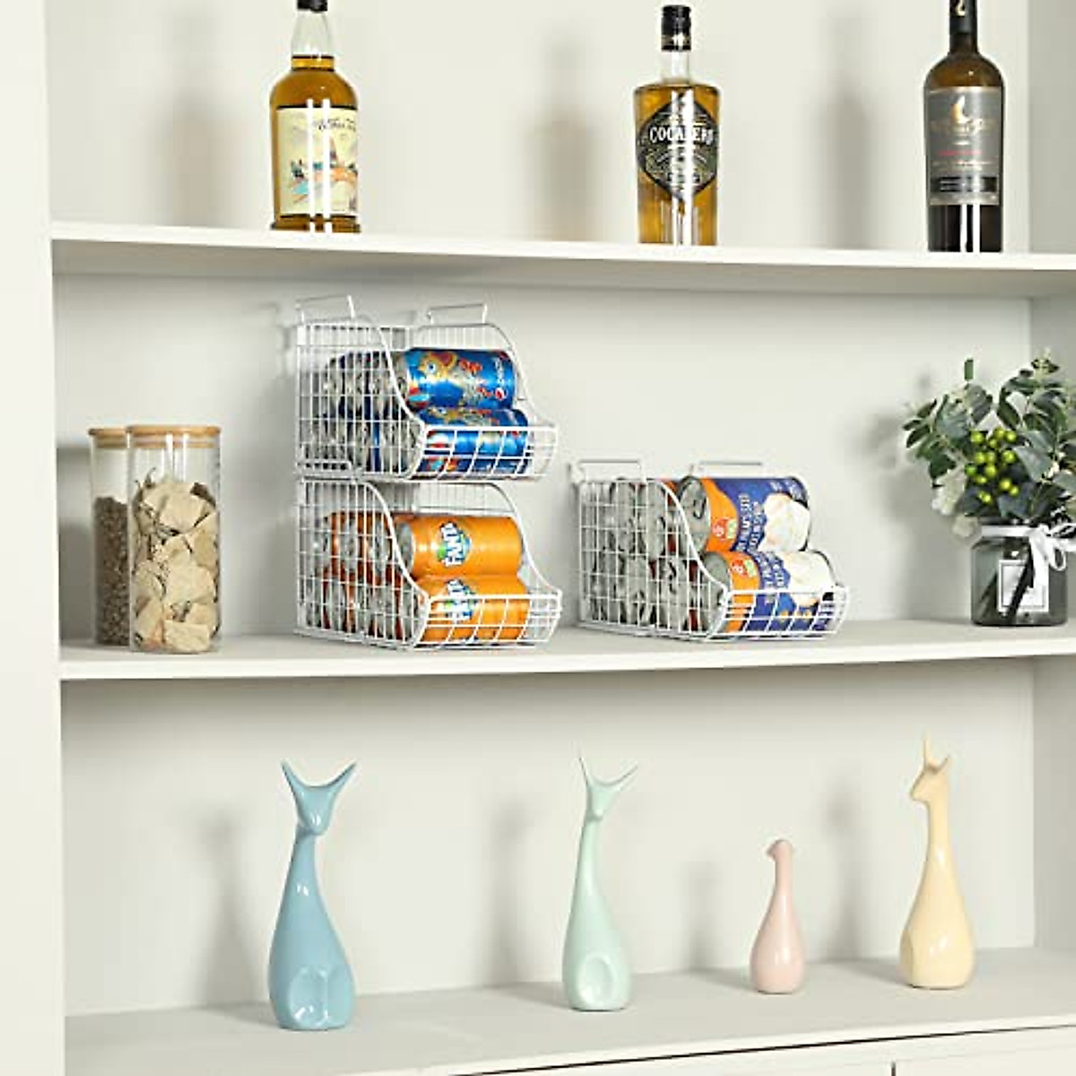 Stackable Pantry Can Dispenser Baskets 3-Pack, Standing Beverage Drink Pop Soda Can Storage Organizer Bin with Handles, Foldable Canned Food Holder for Kitchen Countertop Cabinet