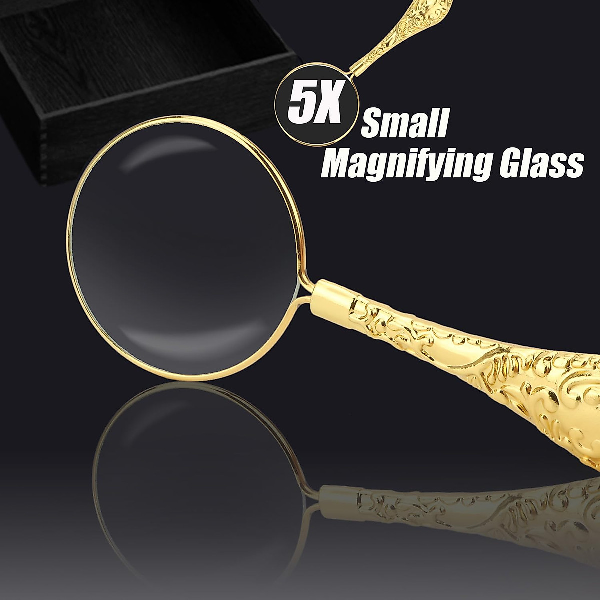 Rongon Small Magnifying Glass Handheld Magnifiers, 5X 45MM Gold Handle Loupe Magnifiers for Close Work, Reading Hobbies, Science, Inspection and Crafts