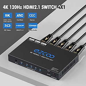 HDMI Switch 8K 4x1 4K 120Hz VRR G/Sync CEC ARC Atmos - HDMI 2.1 Switcher 4 in 1 Out 240Hz 144Hz HDCP Bypass 4 Port Selector,IR Remote for QLED Game Monitor PS5 Xbox PC Mac Window Apple TV Projector