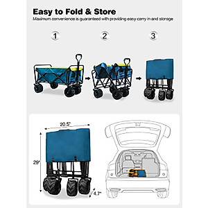 Beach Cart with Big Wheels for Sand, Ribitek Outdoor Folding Camping Grocery Portable Utility Cart, Heavy Duty 300 Lbs Capacity Collapsible All Terrain Sports Wagon with Adjustable Handle for Camping