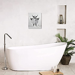 Funny Highland Cow Wall Art in Bathtub, Black and White Canvas Cow In Bathroom Picture, Humor Animals Bathroom Artwork Prints Rustic Farmhouse Style Wall Decor Ready To Hang for Living Room, Bathroom, Bedroom, Kids Bathroom Decor (12"x16", Framed)