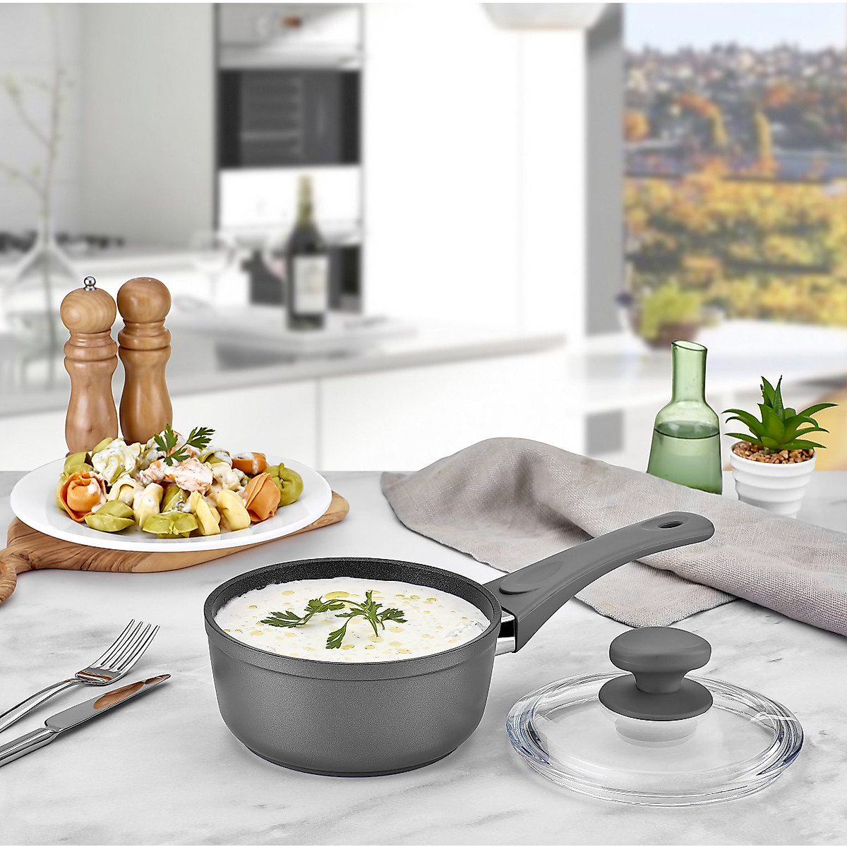 Saflon Titanium Nonstick 2 Quart Sauce Pan with Glass Lid Forged Aluminum with PFOA Free Coating