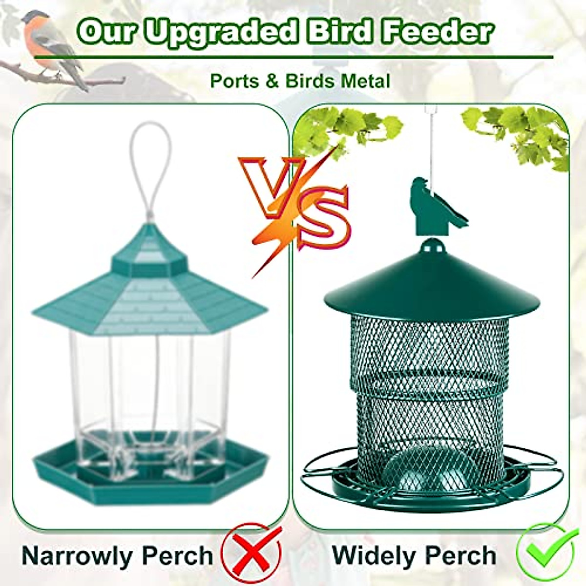Bird Feeder for Wild Birds, Retractable 7lb Seed Capacity Hanging Wild Bird Feeder, Heavy Duty Metal Squirrel-Proof Bird Feeders for Outside Garden (Green)