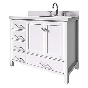 ARIEL Bathroom Vanity 43" Inch in White with Pure White Quartz Countertop, Right Offset Oval Sink 2 Soft Closing Doors and 5 Full Extension Dovetail Drawers, No Mirror