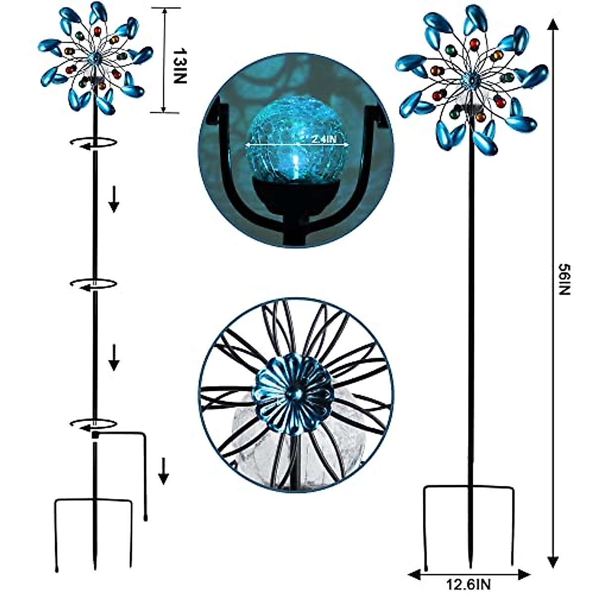 Glintoper Solar Wind Spinner, Outdoor Metal Stake Yard Spinners, Jewel Cup Garden Wind Catcher Windmill for Mom, Color Changing Glass Ball, Mothers Day Ideal Gifts, Dual Direction for Patio Lawn Yard