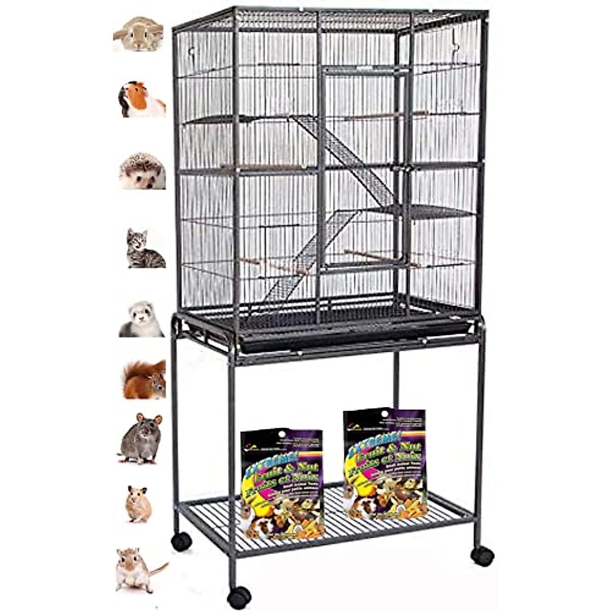 54" Deluxe Large Wrought Iron 4-Level Tight 1/2-inch Bar Spacing for Ferret Chinchilla Sugar Glider Mice Rat Cage with Removable Rolling Stand