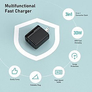MANMUVIMO Switch Dock Charger HDMI Adapter for Nintendo Switch/OLED, Switch Docking Station Replacement for Original Dock Set, Portable 30W High-Speed with USB 3.0 Port, USB-C to USB-C Cable(Black)