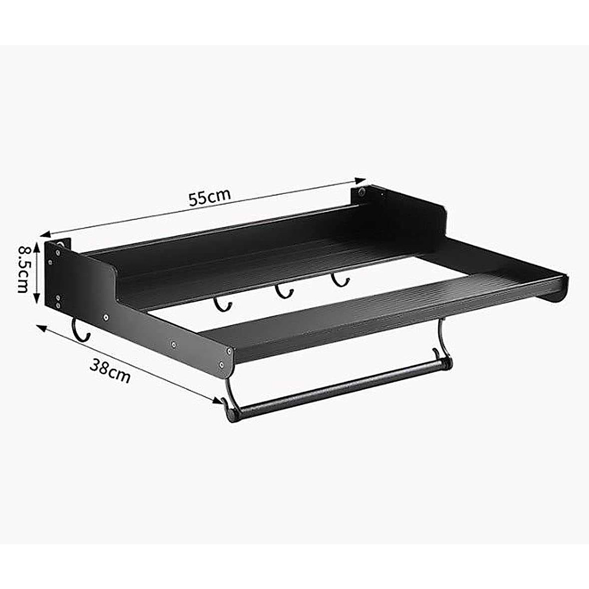 Kitchen Microwave Storage Rack, Home Wall Rack, with 5 Hooks Wall Mounted Oven Tray, Microwave Storage Bracket (21.7 * 15 * 3.4 inches, Black)