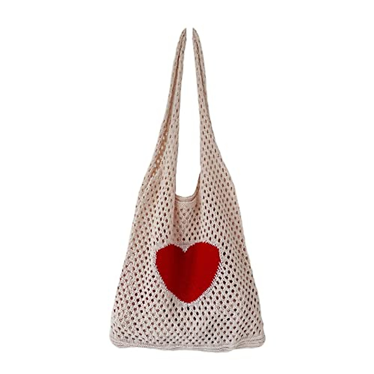 Y2K Accessories Fairy Grunge Bag Aesthetic Tote Bag Boho Shoulder Bag Hobo Knit Handbag Crocheted Hollow Cute Tote Bag Heart Print Shopping Bag (Off-white)