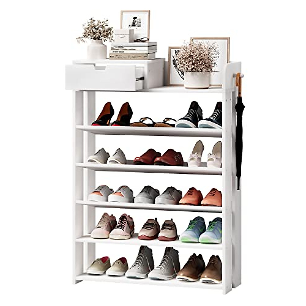 BURENMTO 5-Tier Wooden Storage Organizer, 29.5" Wide Vertical Shoe Rack for Closet Large Entryway Shoe Rack 15 Pairs Corner Tall Organizer Shoe Shelf with Drawer