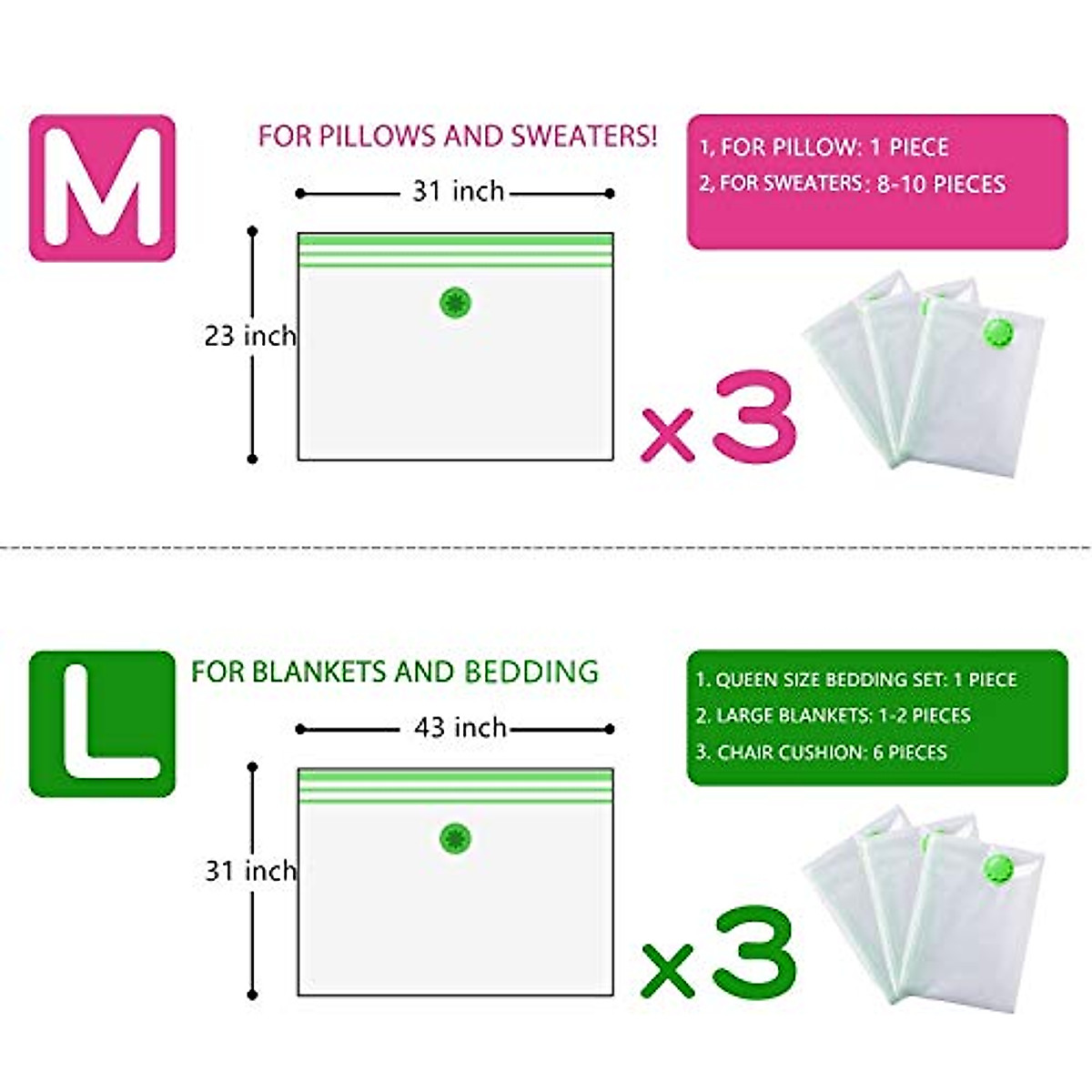 Opaza Vacuum Storage Bags, Airtight Space Compression Bags for Clothing,duvets/bedding (6 Pack-3 Large,3 Medium))