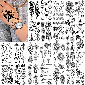 FANRUI 52 Sheets Creative Black Tiny Crown Infinity Triangle Fake Tattoos For Men Women Realistic Stars Letters Tattoos For Kids Tattoos Temporary Waterproof Arm Hand Face Finger Neck Tatoo Stickers