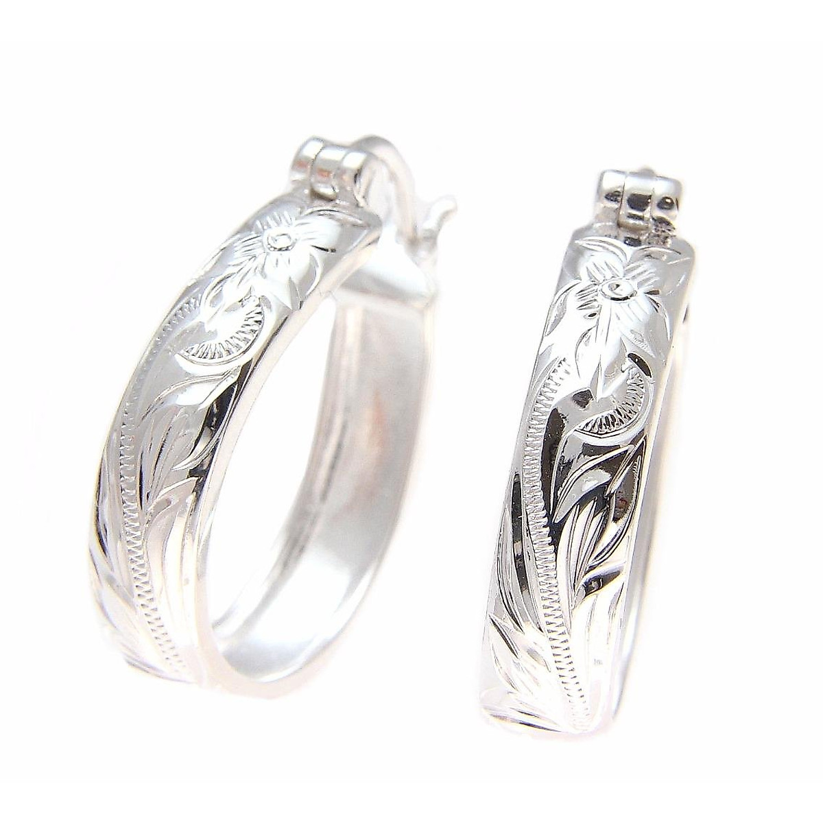 20mm Sterling silver 925 Hawaiian plumeria flower scroll oval hoop earrings