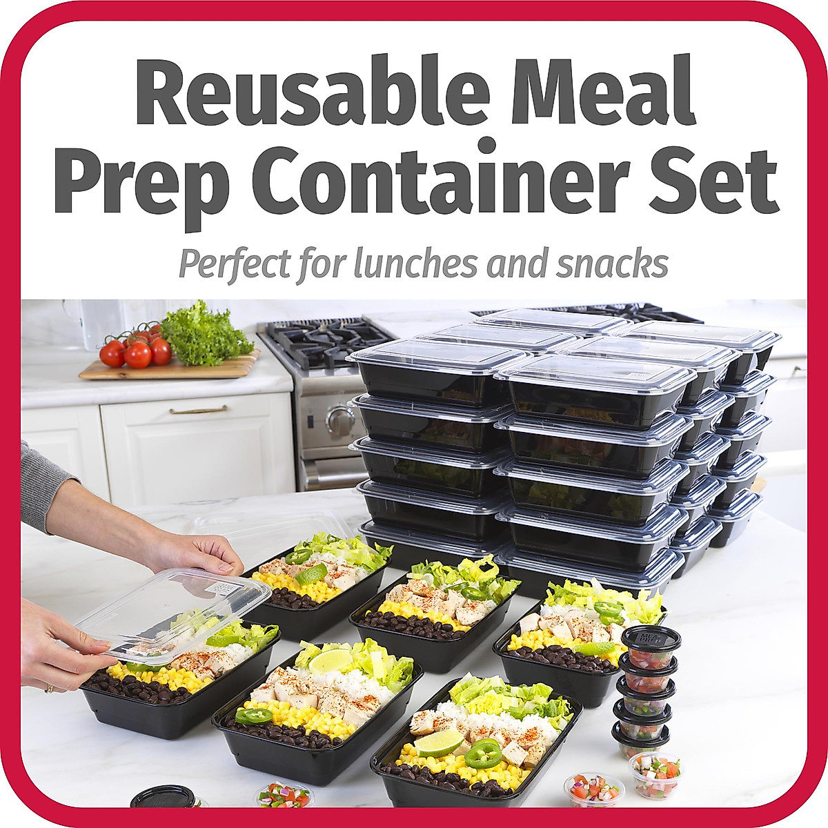 GoodCook Meal Prep 1-Compartment Reusable Food Storage Container Set with 50 Containers, Lids and Condiment Cups, Black