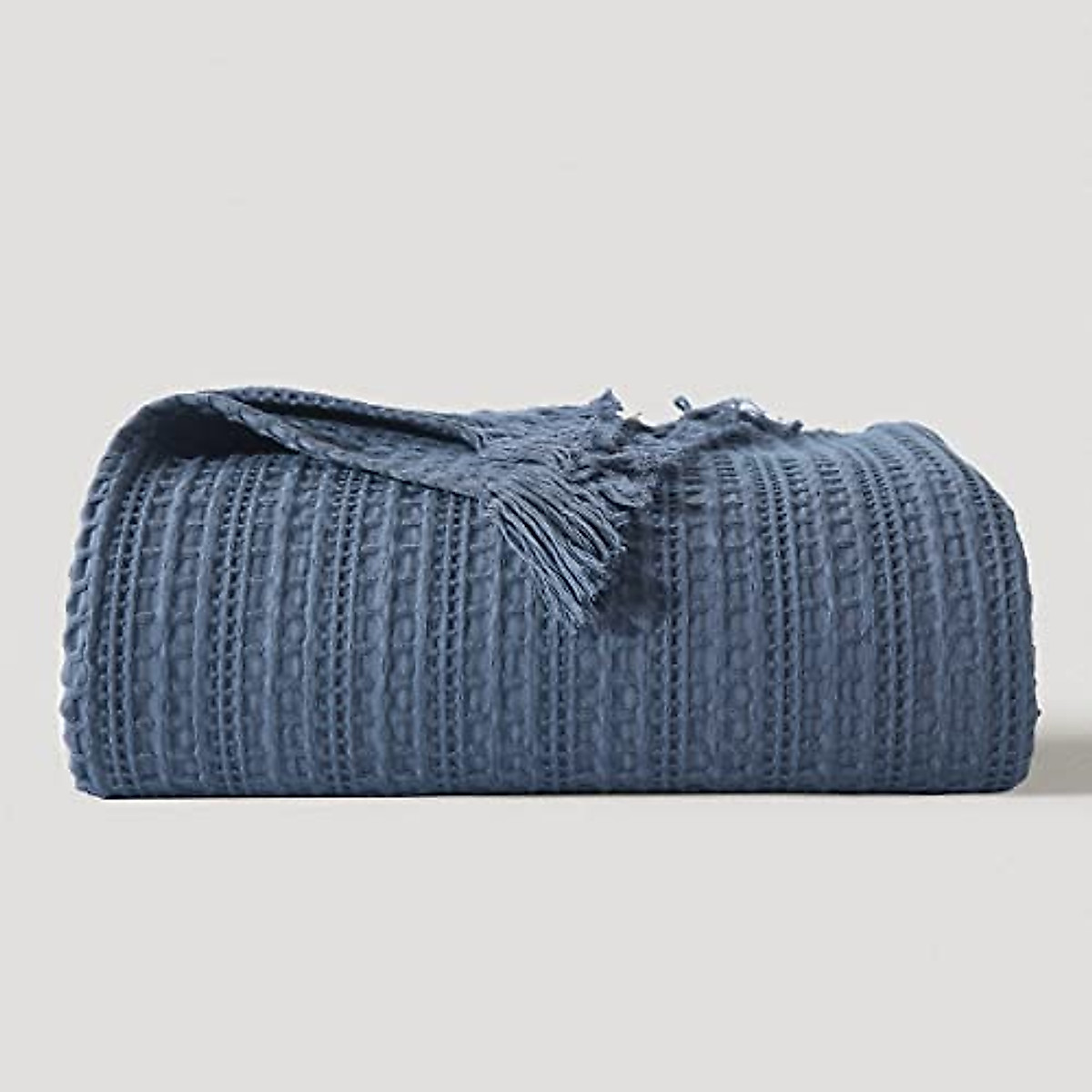 100% Cotton Waffle Blanket with Fringe, Pre-Washed Waffle Weave Blanket for All Season, Lightweight Breathable Soft Cozy Throw Blanket for Couch, Bed, Travel (Blue - 50x60 Inches)