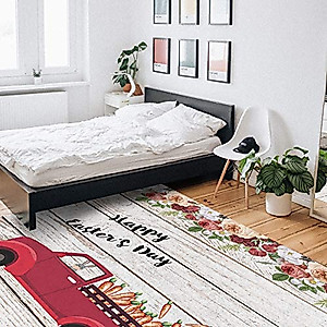 3x5ft Large Area Rugs for Living Room, Happy Easter Car Collection Area Runner Rugs Non Slip Bedroom Carpets Hallways Rug, Outdoor Indoor Nursery Rugs Décor Carrot Bunny Flora Wood