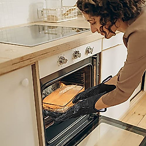 GOBETTO 6-Piece Silicone Oven Mitts and Pot Holders Sets, 15-inch Extra Long Heat Resistant Oven Gloves with Cast Iron Handle Cover Holders and Hot Pads for Kitchen Cooking Baking Grilling (Black)