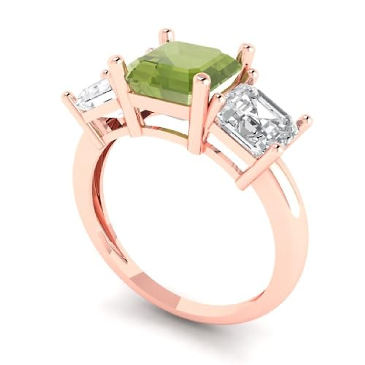 3.25 ct SQ Emerald cut 3 stone Solitaire Natural Green Peridot Engagement Promise Anniversary Bridal Ring 14k Rose Gold 3.5