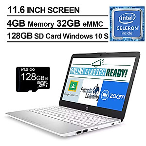 HP 2021 Stream 11.6 Inch Laptop with Webcam, Intel Celeron N4000 up to 2.6 GHz, 4GB RAM, 32GB eMMC, Bluetooth, HDMI, USB Type-C, Win 10 S, White + NexiGo 128GB MicroSD Card Bundle