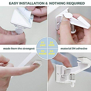 Baby Proofing Cabinet Locks (12 Pack) Includes Drawer Latch + 6 Wall Plug Covers - Adhesive Easy Installation Cabinet Locks For Babies (White)