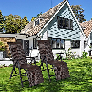 Tangkula 2 Pcs Folding Reclining Rattan Chair, Portable Chaise Lounge Chair w/Adjustable Positions, Outdoor Lounge Chair with Wide Armrest, Sturdy Steel Frame for Garden, Patio, Beach (2)