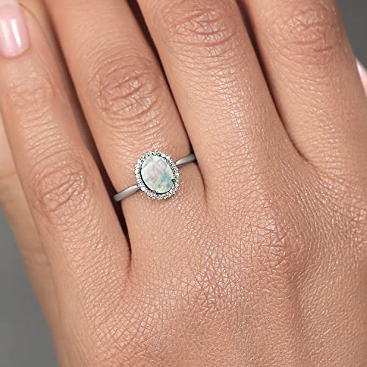 Gem Stone King 10K White Gold 8X6MM Oval Gemstone Birthstone & White Diamond Halo Engagement Ring | Wedding Anniversary Promise White Gold Ring For Women | Size 5,6,7,8,9