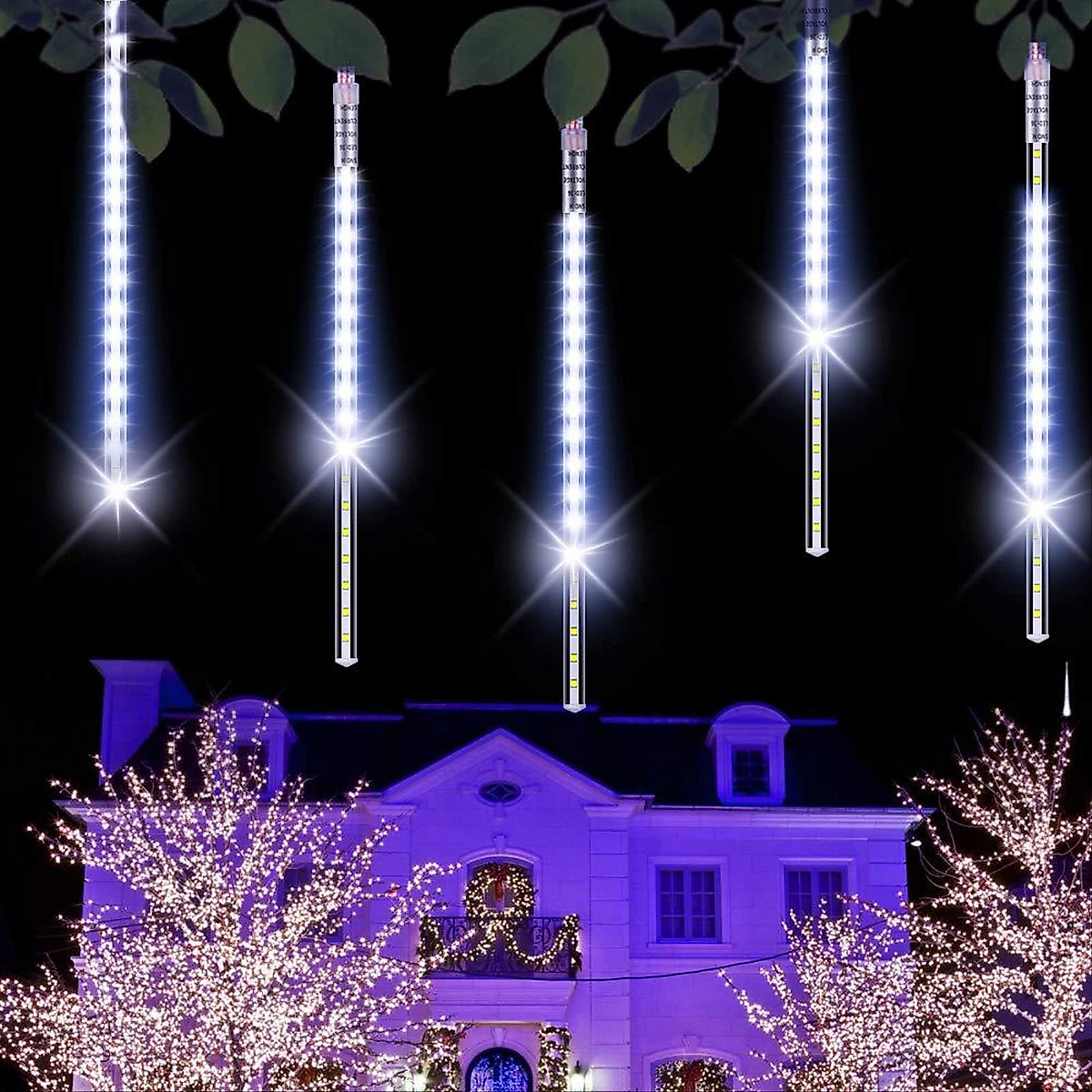 Krfnmy Solar Meteor Shower Light 11.8 Inch 10 Tubes 360led Raindrop Light Holiday Wedding Home Garden Decoration Waterproof Light (White/Color)