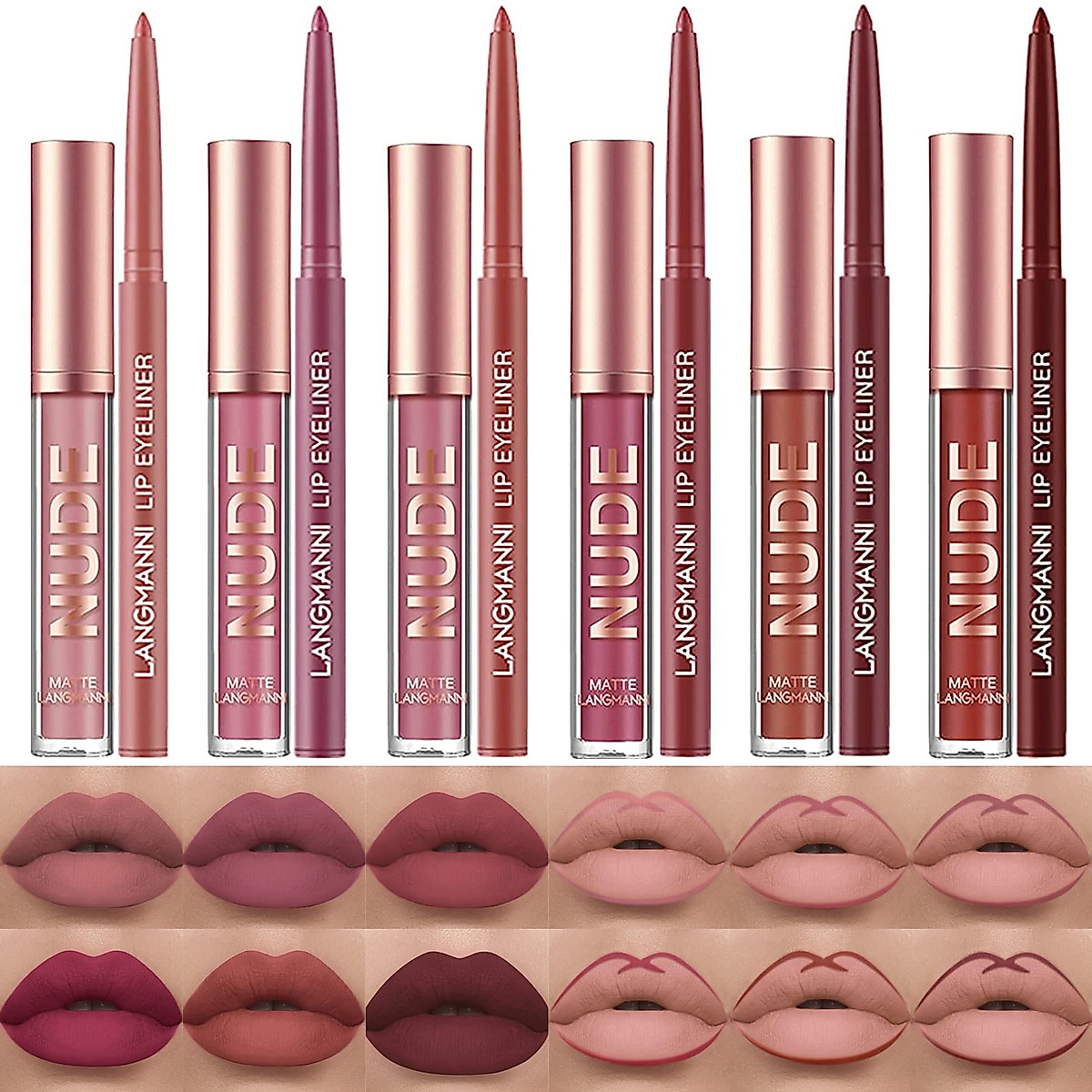 LANGMANNI 6 Matte Lipstick with 6 Lipliners Cosmetics Makeup Gift for Girls(12PCS)+Moisturizing Lip Oil(Strawberry+Coco)